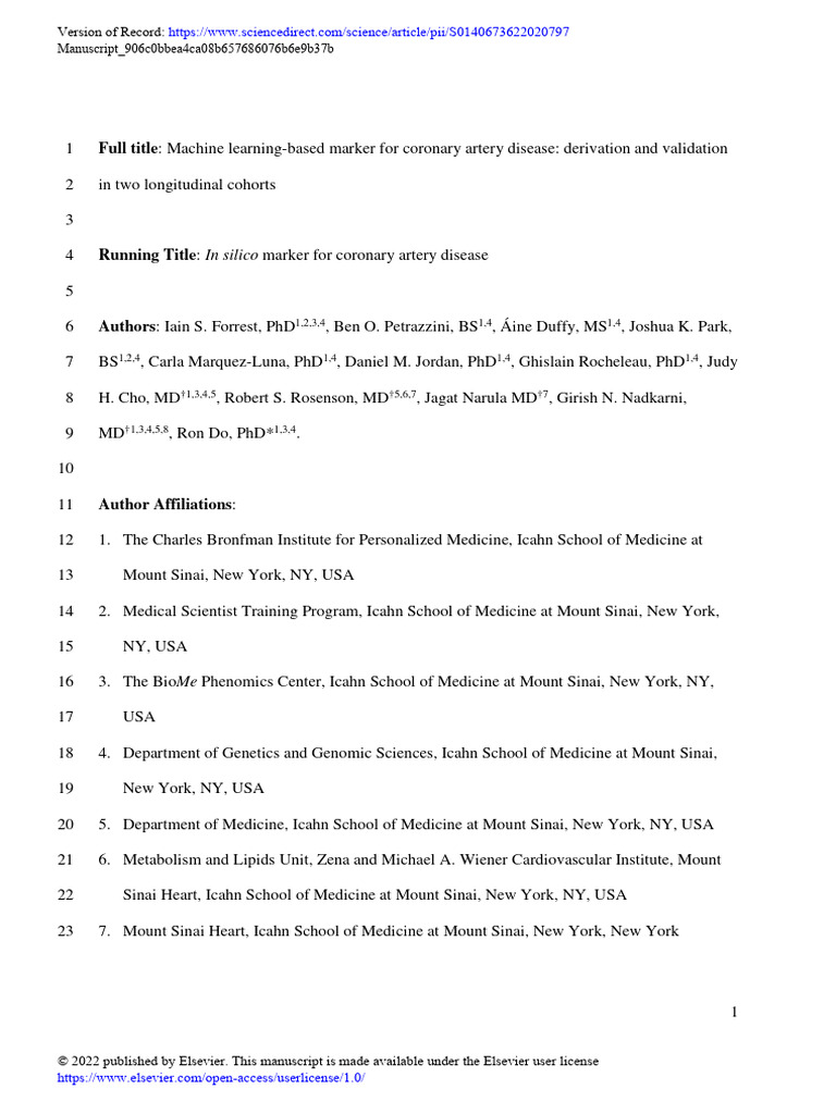 Machine Learning-Based Marker For Coronary Artery Disease: Derivation and Validation | PDF ...