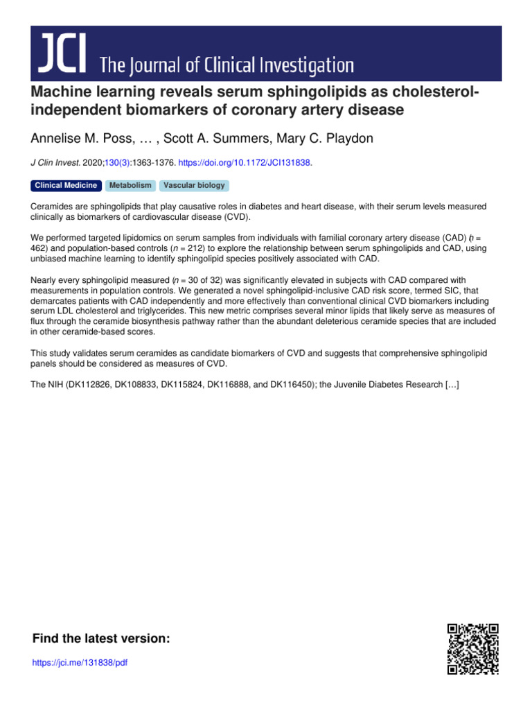Machine Learning Reveals Serum Sphingolipids As Cholesterol Independent ...