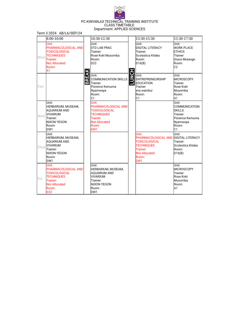 Applied Science Class Timetables Sep-Dec 2024 | PDF | Agriculture ...