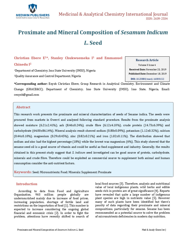 Proximate Composition and Mineral Composition Is Sesame Seed | PDF ...