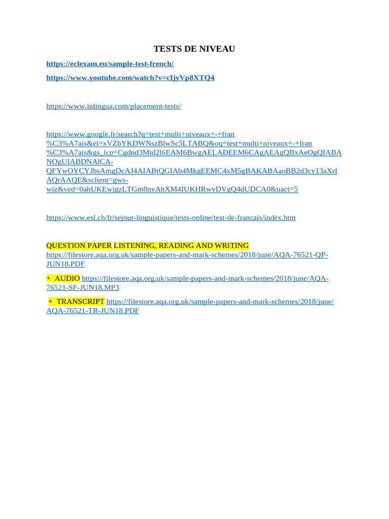 Tests de Niveau | PDF