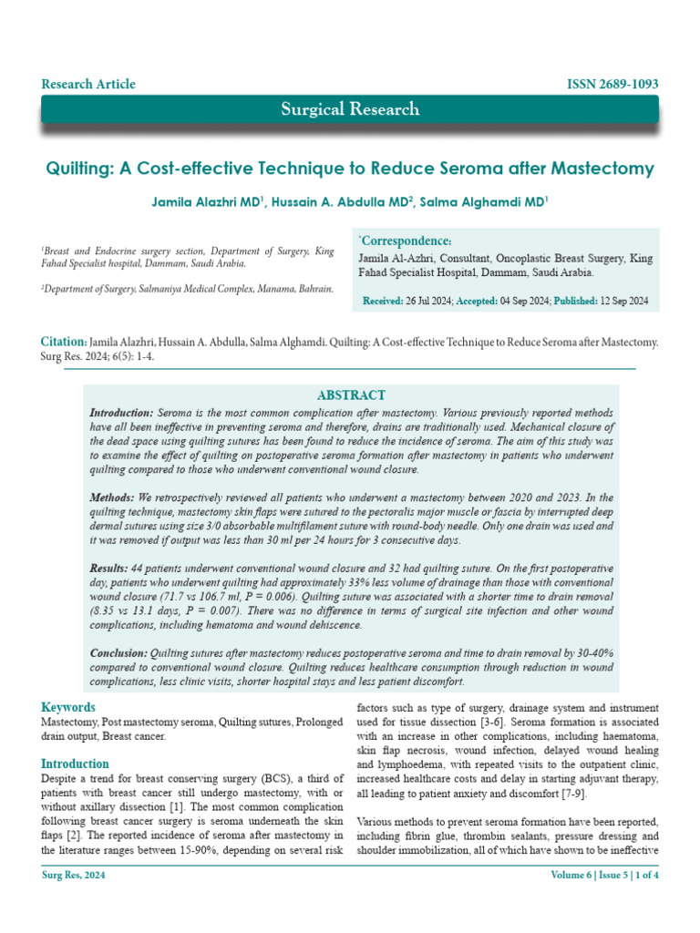 Quilting Sutures Reduce Seroma | PDF | Mastectomy | Wound