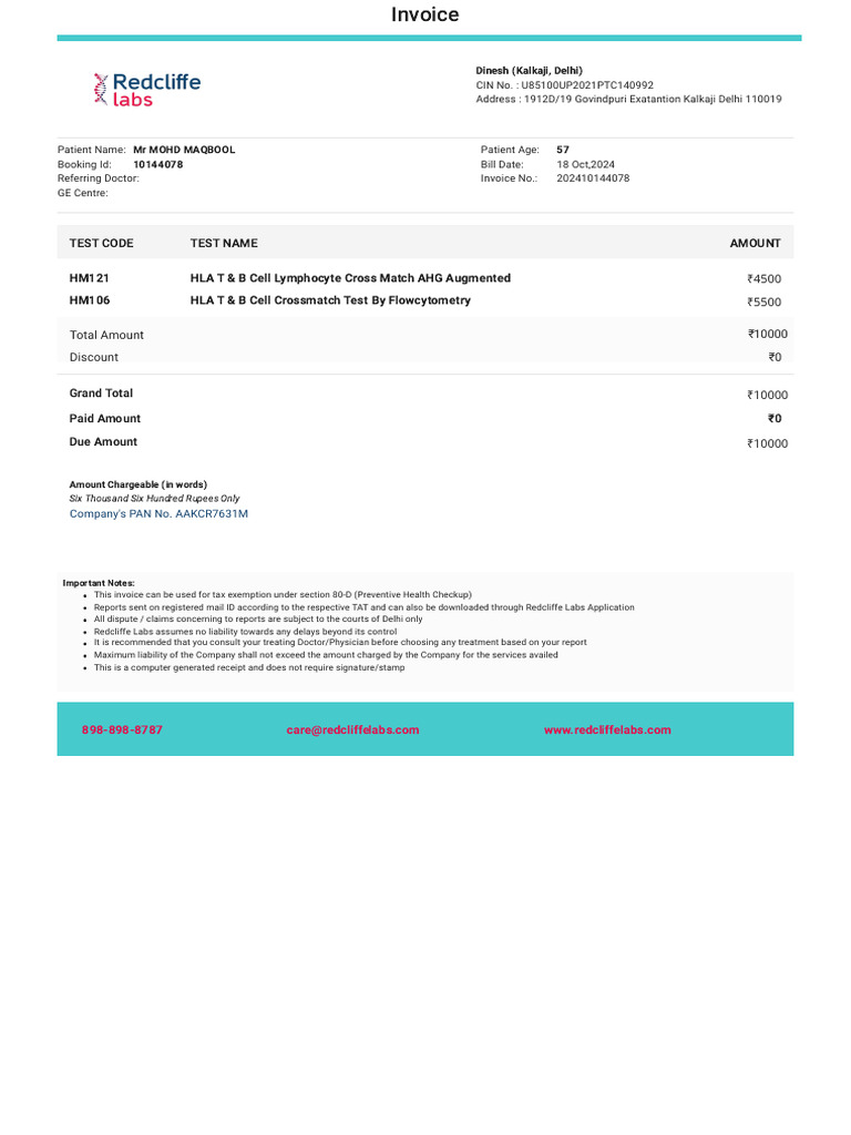 Redcliffe Labs Invoice and Report Details | PDF | Taxes