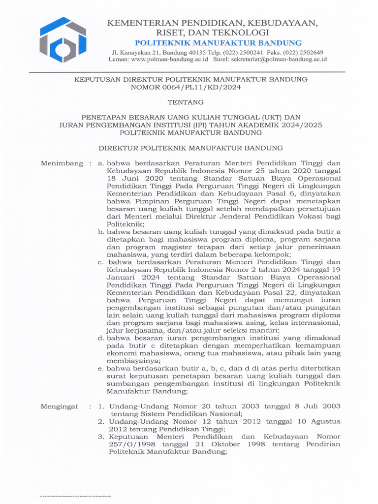 SK - Penetapan UKT Dan IPI 2024 | PDF