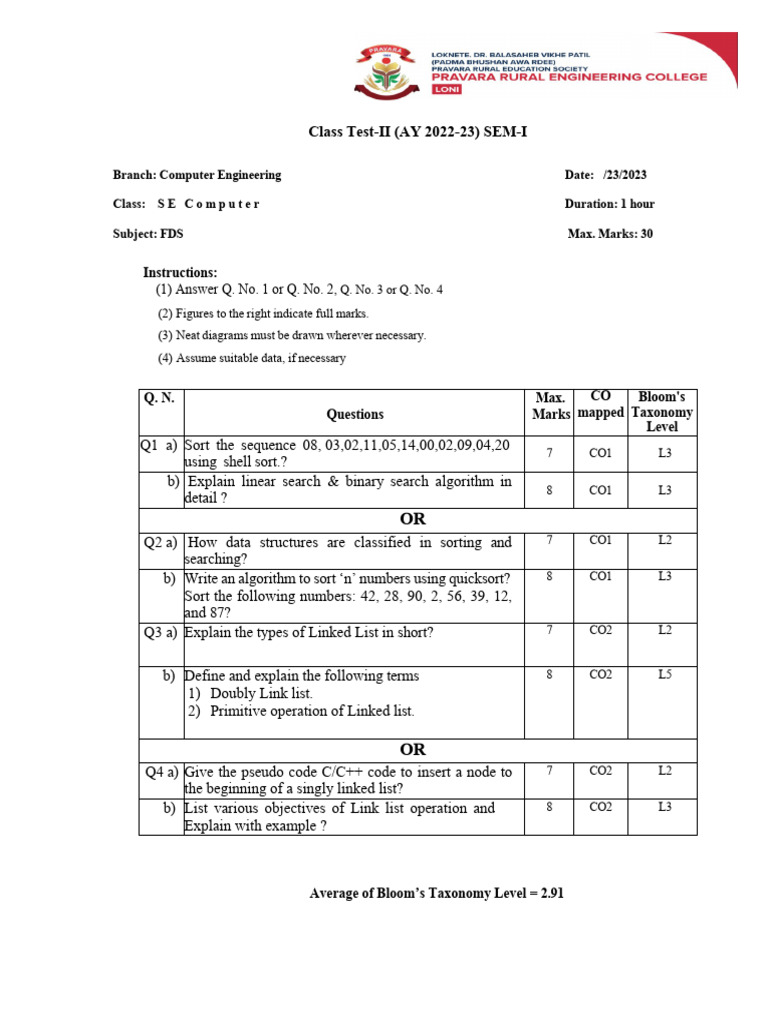 FDS Class Test 2 Set 2 | PDF