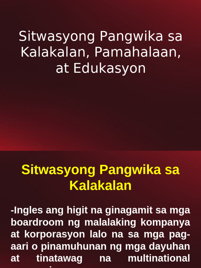 Sitwasyong Pangwika Sa Kalakalan Pamahalaan at Edukasyon | PDF