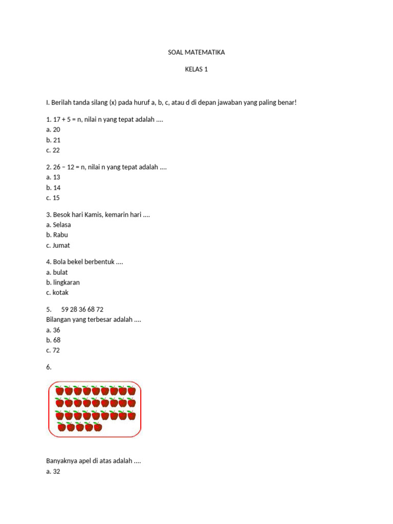 SOAL MTK Kls 1 | PDF