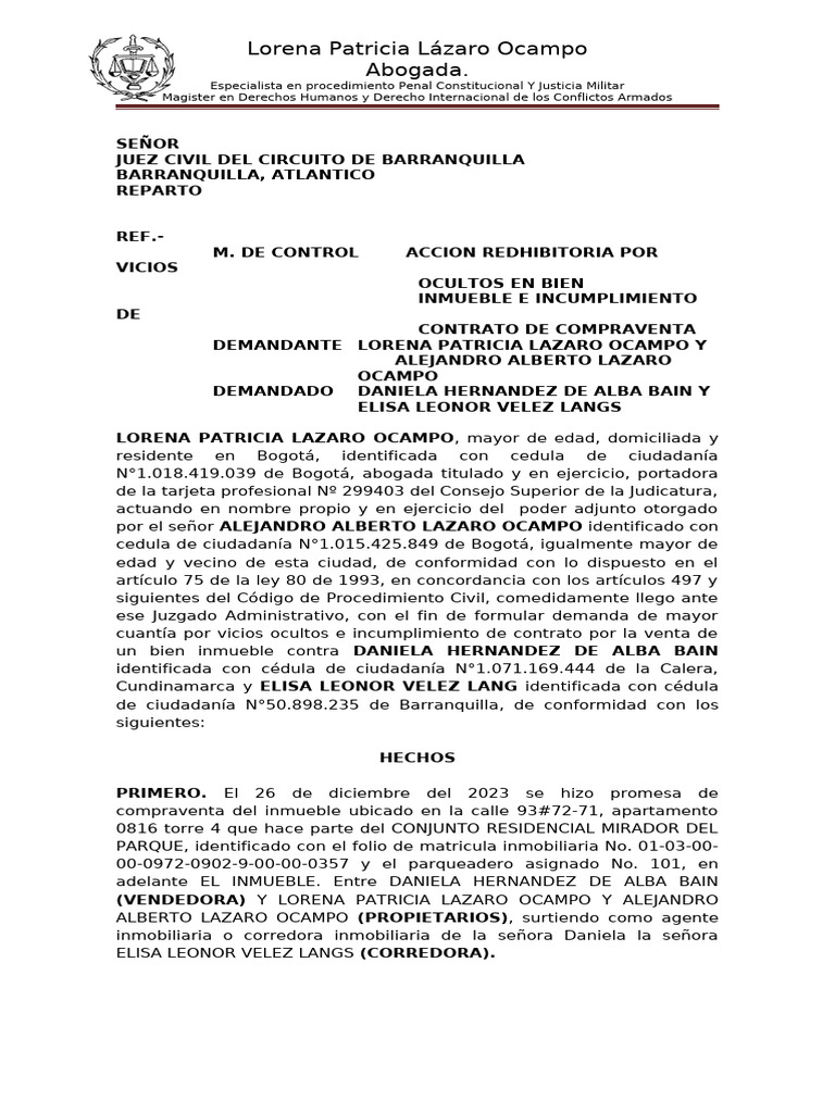 Demanda Civil Vicios Ocultos e Incumplimiento de Contrato Contra ...