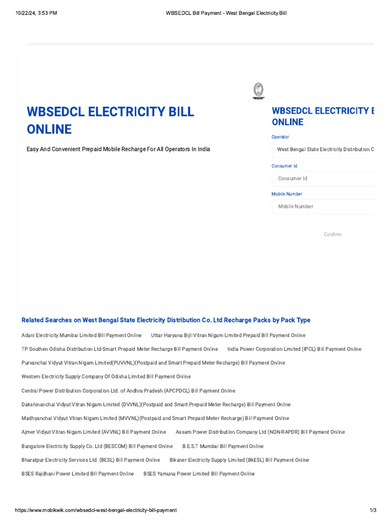 WBSEDCL Bill Payment - West Bengal Electricity Bill | PDF