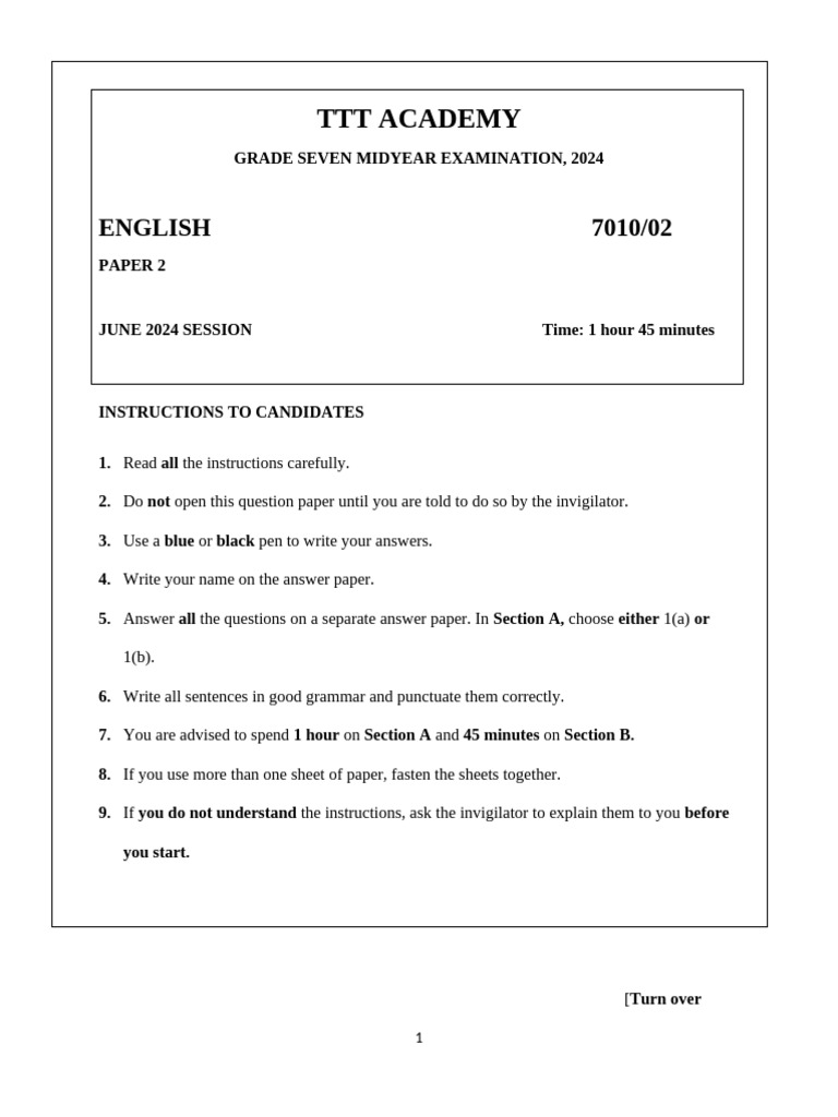 Takura TTT Academy English Paper 2 Mid Year 2024 | PDF