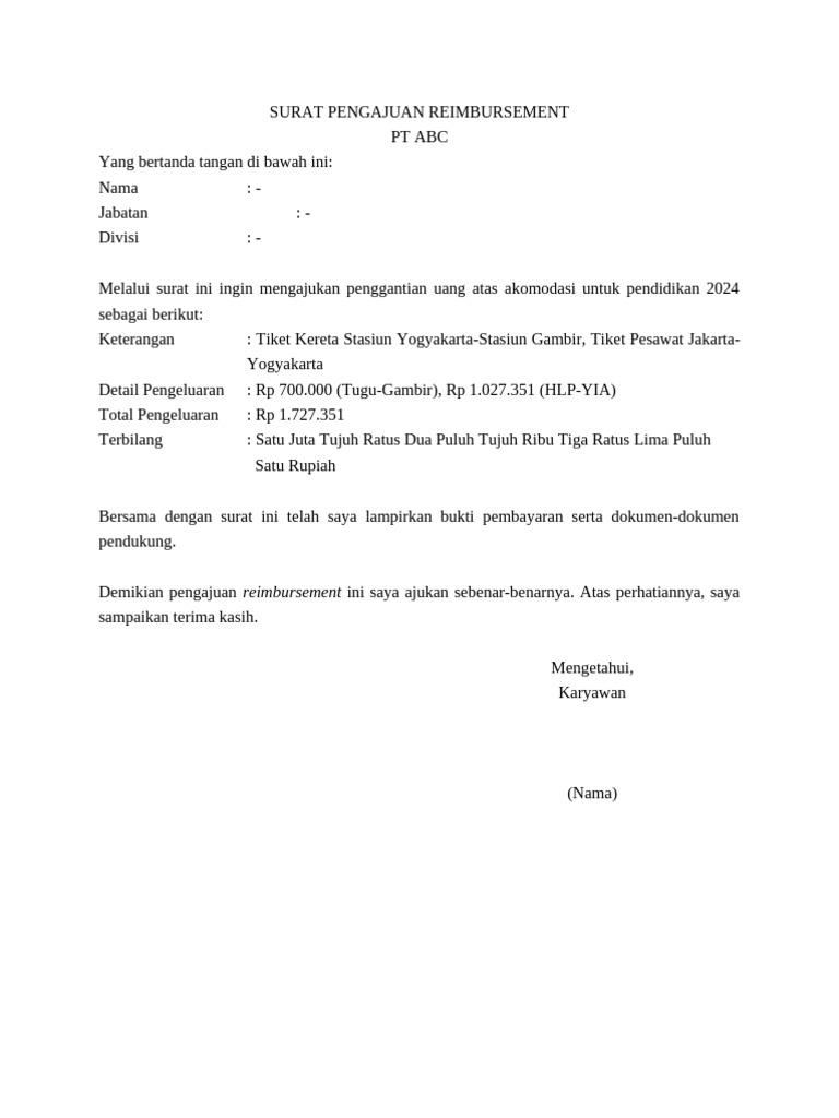 Surat Pengajuan Reimbursement Biaya | PDF