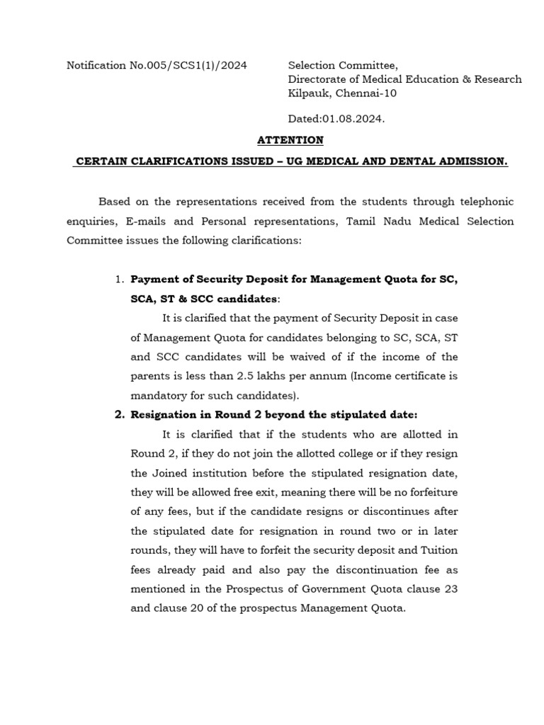 Tamil Nadu UG Medical Admission Clarifications | PDF