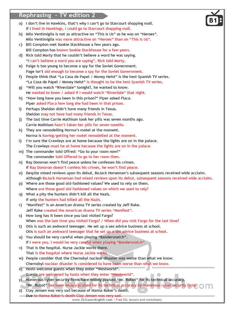 Grammar Rephrasing b1 TV Edition 2 Key 321LearnEnglish Com | PDF