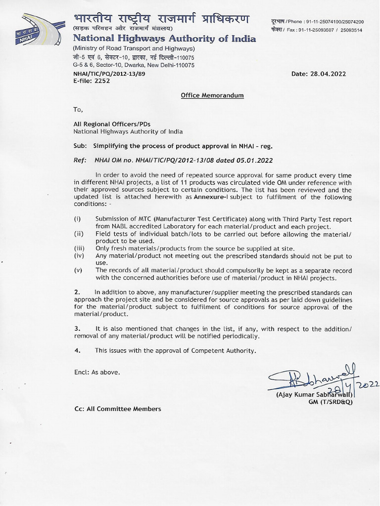 OM-Simplifying The Process of Product Approval in NHAI | PDF