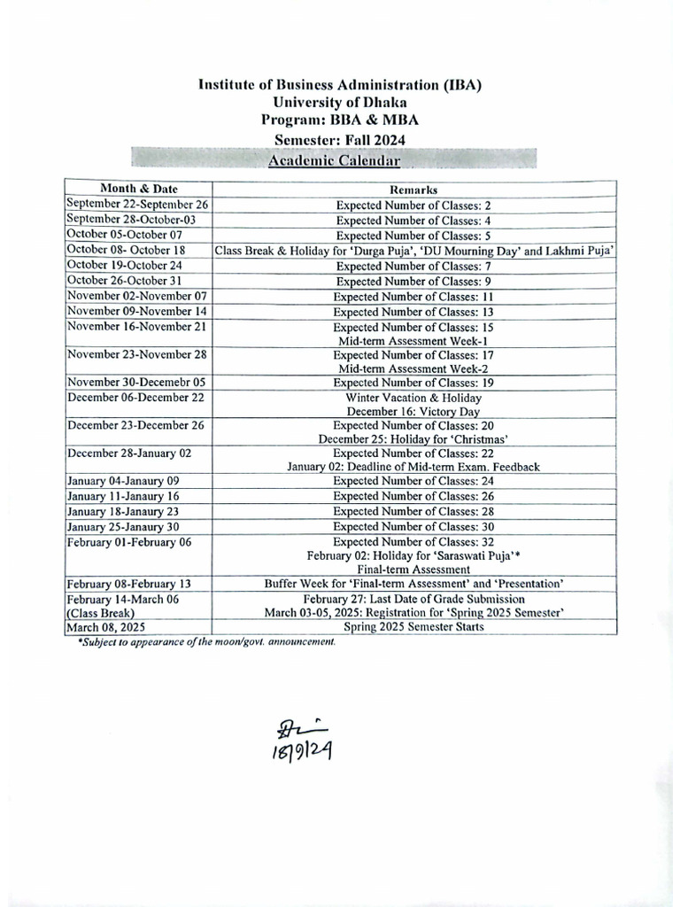 Academic Calender Fall 2024 | PDF