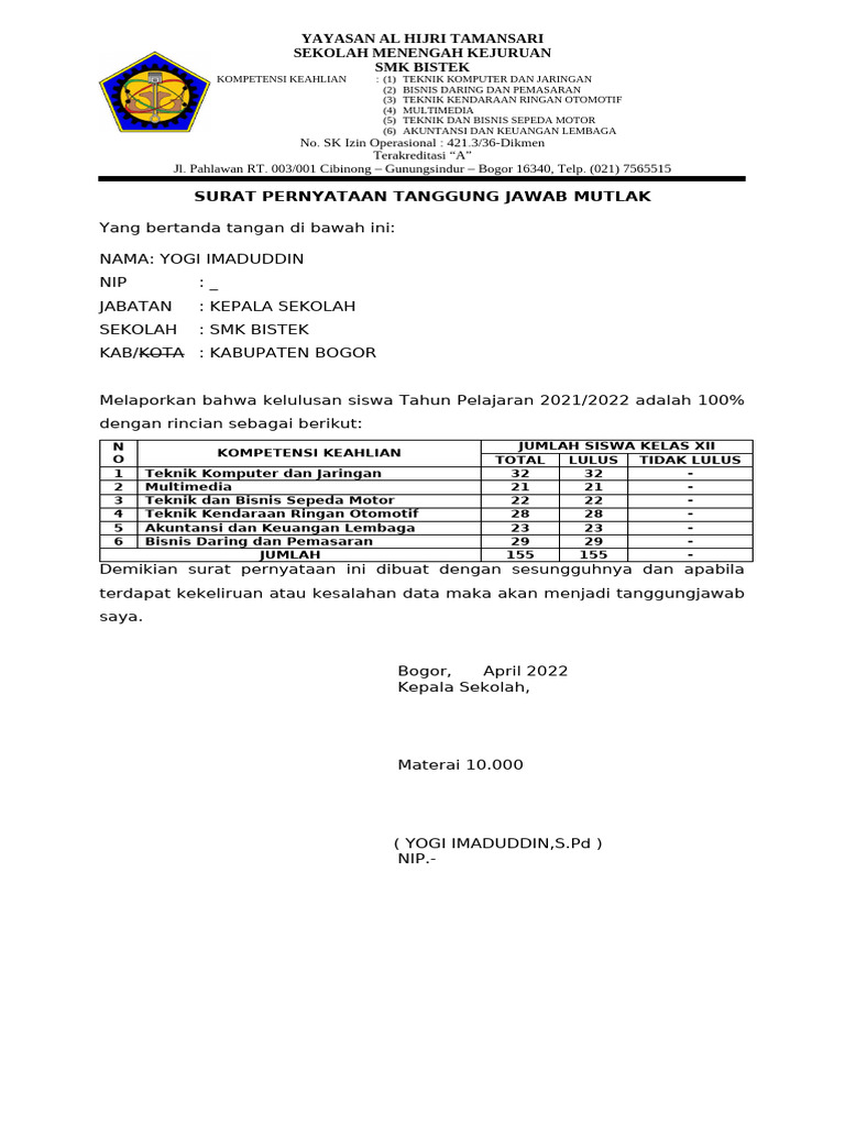 SPTJM Kebutuhan Ijazah SMK | PDF