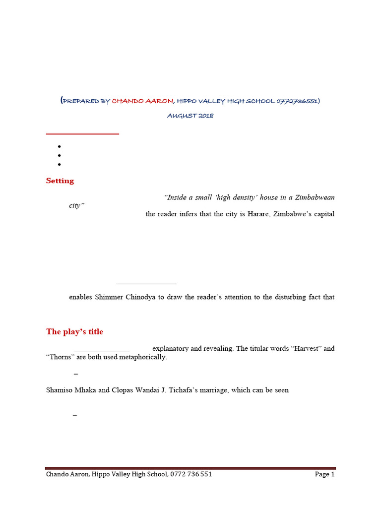 Aaron Chando Study Guide Notes On Shimmer Chinodya's Harvest of Thorns ...