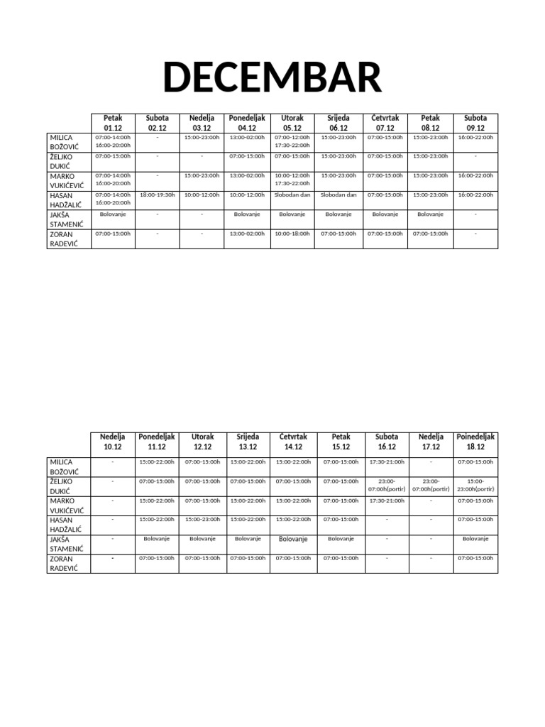 Šihta Za Decembar 2023 | PDF