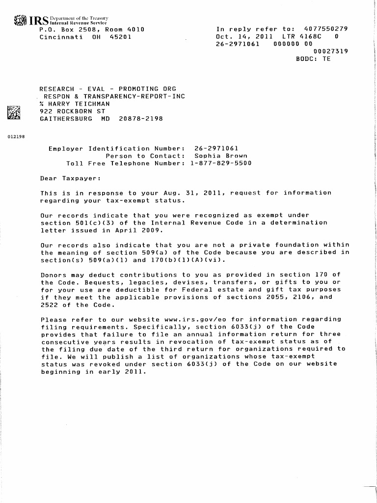 501c3 Letter For REPORT Inc | PDF | Finance & Money Management