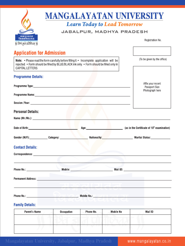 Admission Form Mangalayatan University Jabalpur | PDF