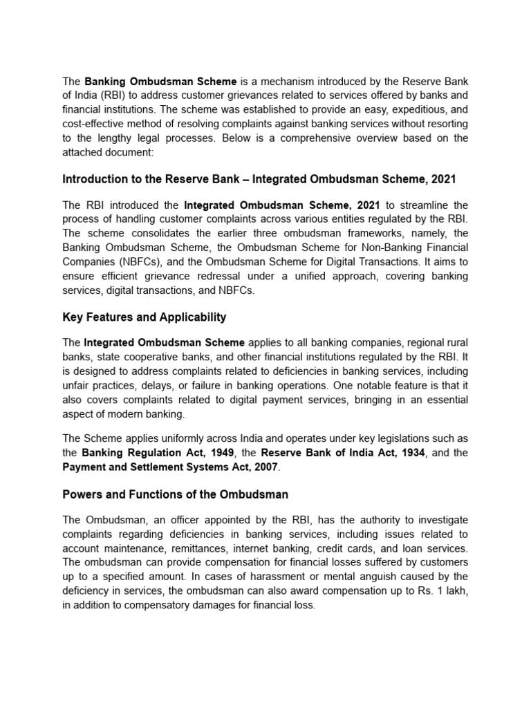 Integrated Ombudsman Scheme Overview | PDF | Banks | Reserve Bank Of India