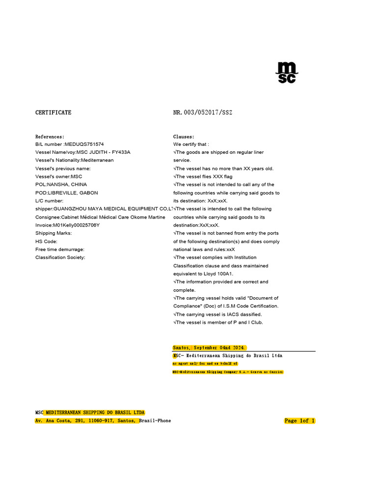 Shipping Certificate for MSC Judith | PDF | Freight Transport | Water ...