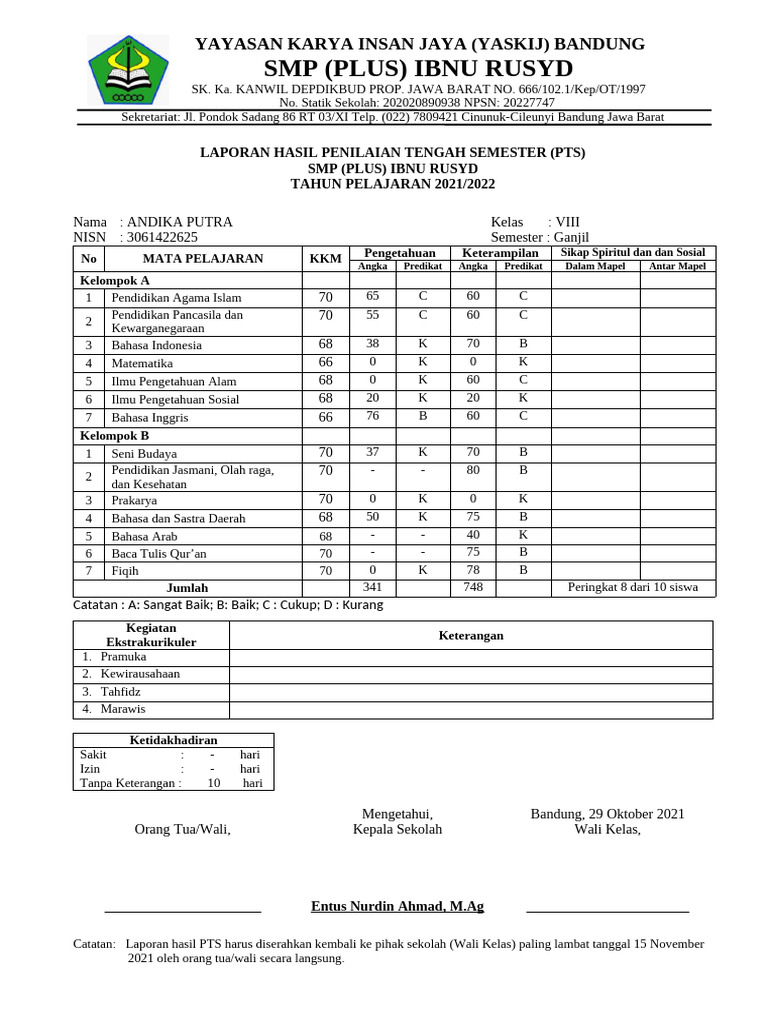 Lembar Raport PTS Ganjil Kelas 8 | PDF