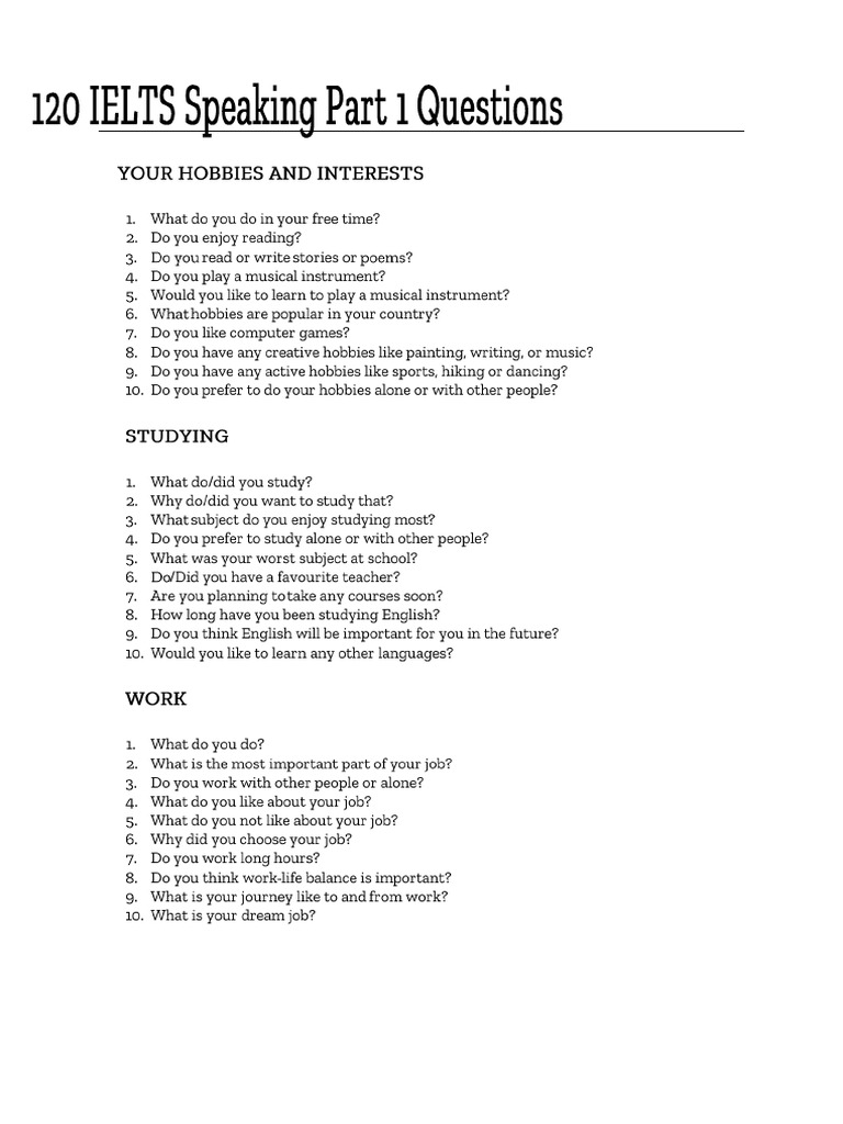 120 IELTS Speaking Part 1 Questions | PDF
