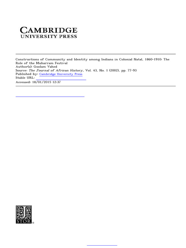Constructions of Community and Identity Among Indians in Colonial Natal ...