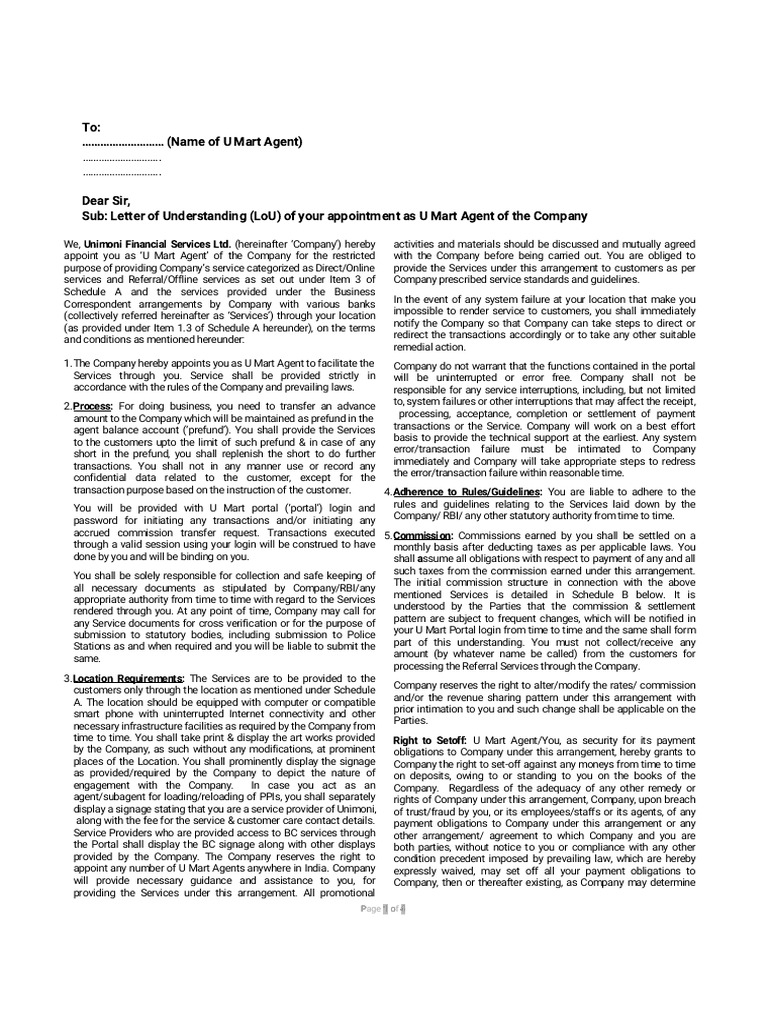 U Mart LOU draft Aug 23 | PDF | Reserve Bank Of India | Treaty