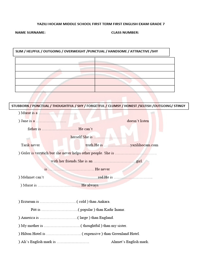 --yazilihocam.com---7.SINIF İNGİLİZCE 1.DÖNEM 1.YAZILI-3 | PDF