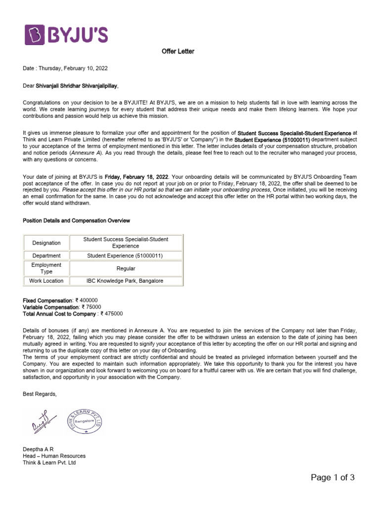 byjus offer letter (1) | PDF | Employee Benefits | Taxes