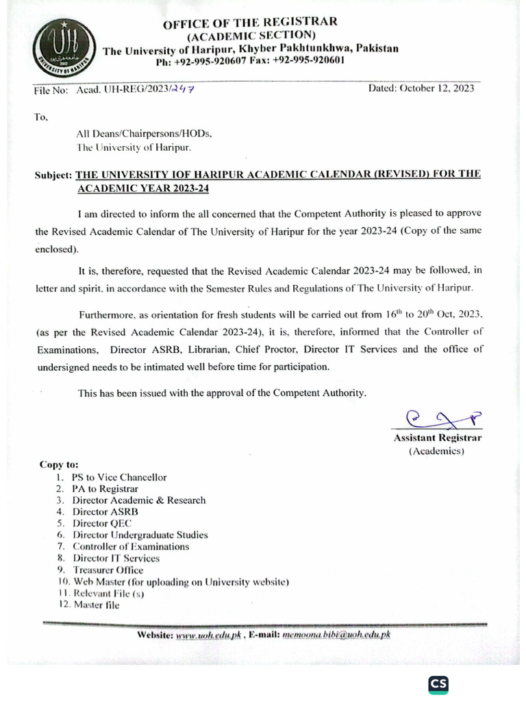 UOH Academic Calendar (Revised) 2023 - 24 (For University) | PDF ...