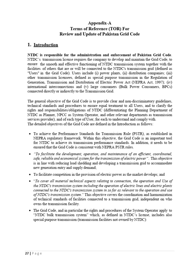 TOR - Review and Update of Pakistan Grid Code | PDF | Electric Power ...