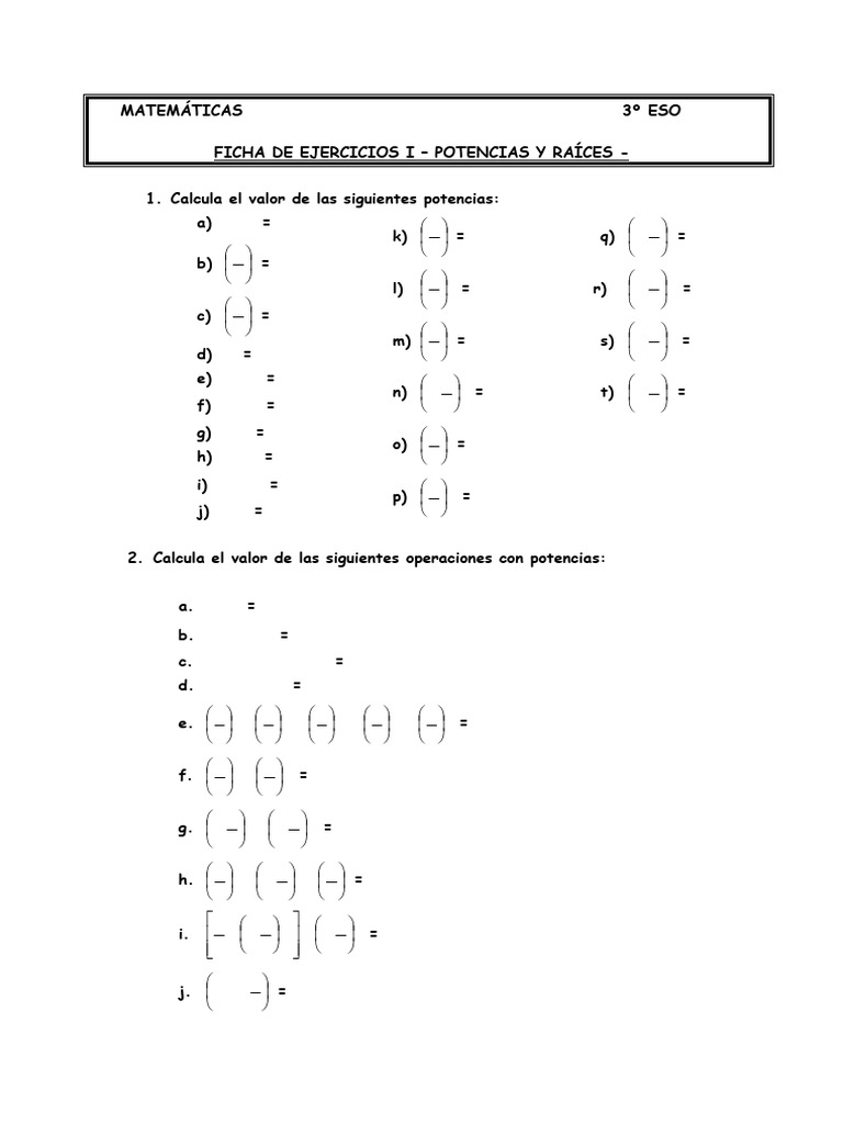 Ejercicios de Potencias y Raíces 3º ESO | PDF