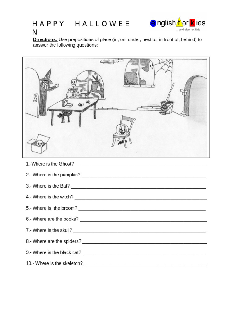 Prepositions of Place Halloween Quiz | PDF