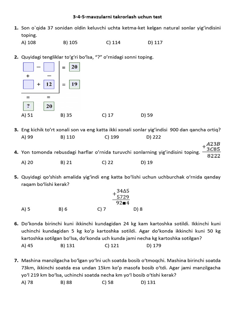 1 Kitob Test 03-04-05 Mavzular | PDF