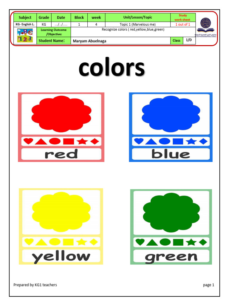 KG1 - English - Topic1 - W4 - StudySheet - 1 | PDF | Bedroom | Home Economics