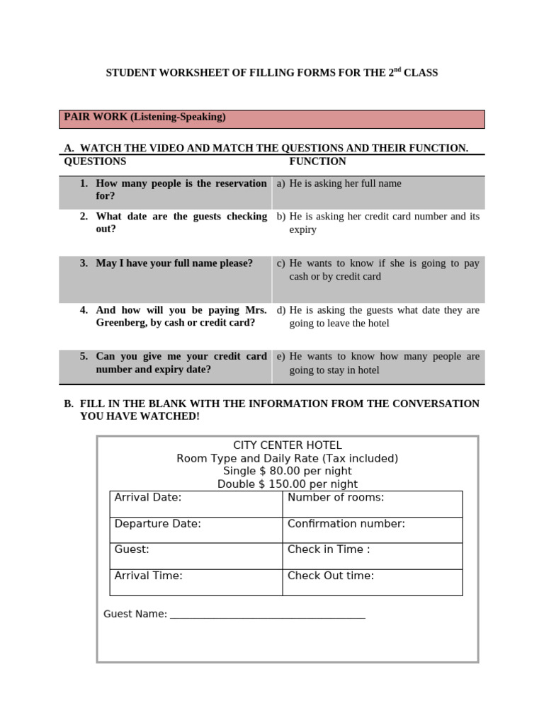 Student Worksheet of Filling Forms Pt 2 | PDF