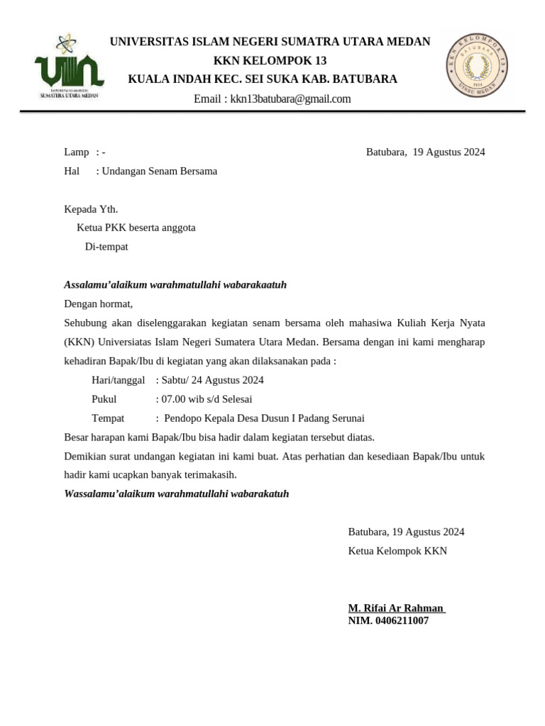 Undangan Senam Bersama KKN UIN Medan | PDF