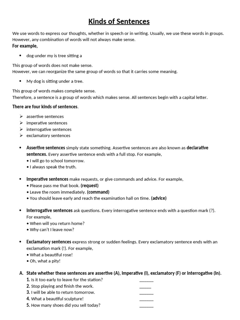 Kinds of Sentences Questions | PDF | Sentence (Linguistics) | Question