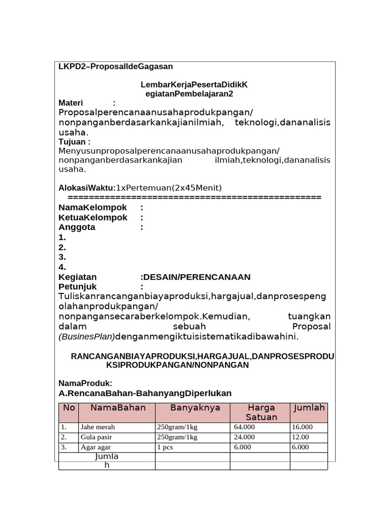 LKPD 2 - Proposal PKWU Jelly Jahe | PDF