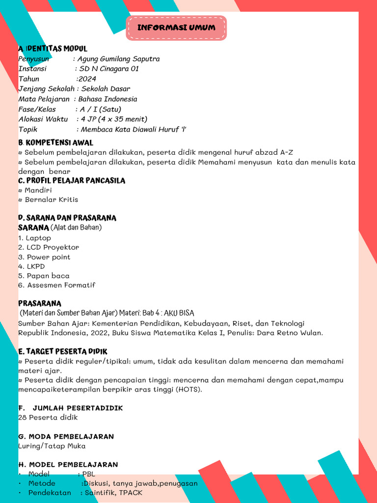 Modul Ajar Bahasa Indonesia - Membaca Kata Diawali Huruf L - Fase A | PDF