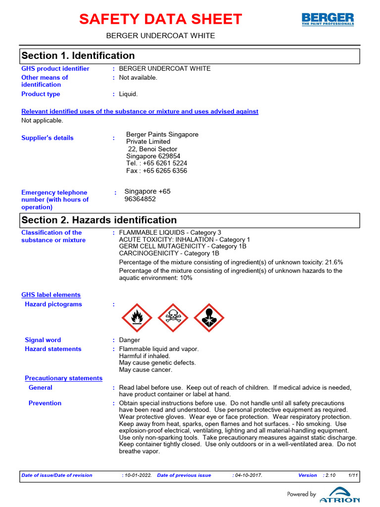 Berger Undercoat White Sds | PDF | Toxicity | Personal Protective Equipment