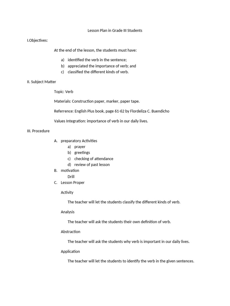 Grade III Lesson Plan on Verbs | PDF