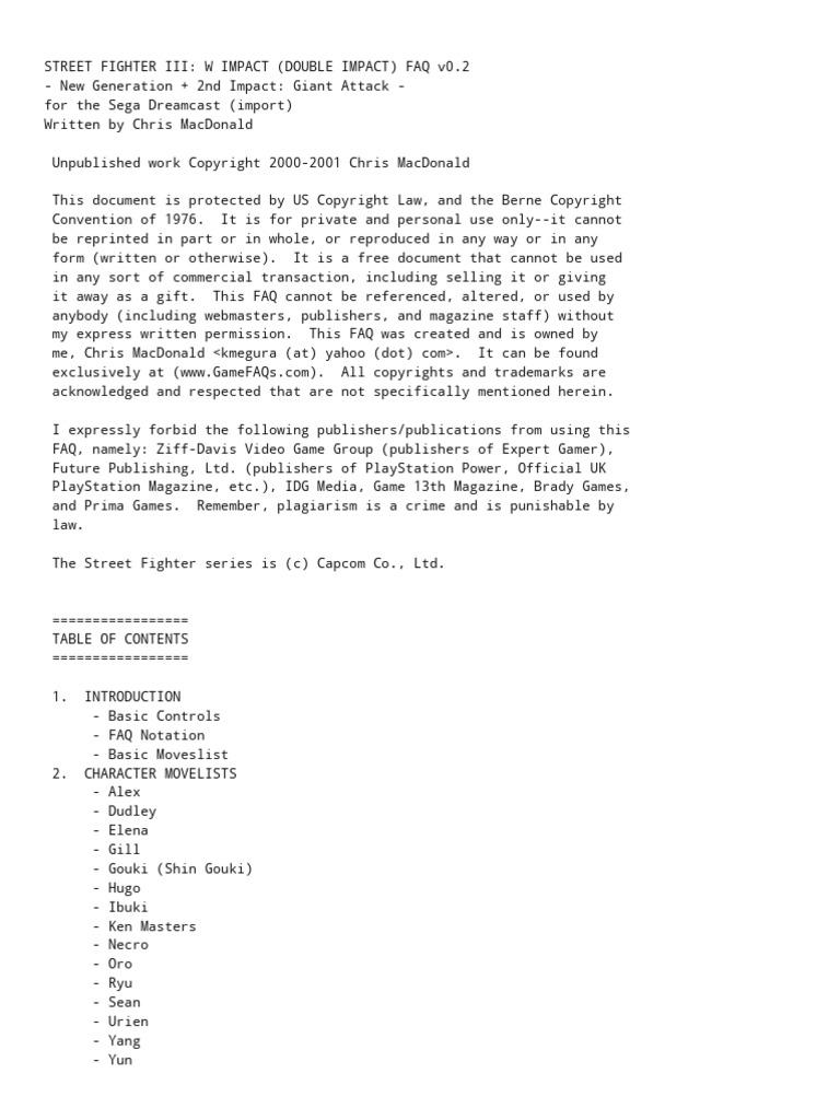 Street Fighter III - Double Impact - Move List and Guide - Dreamcast - by Kao - Megura ...