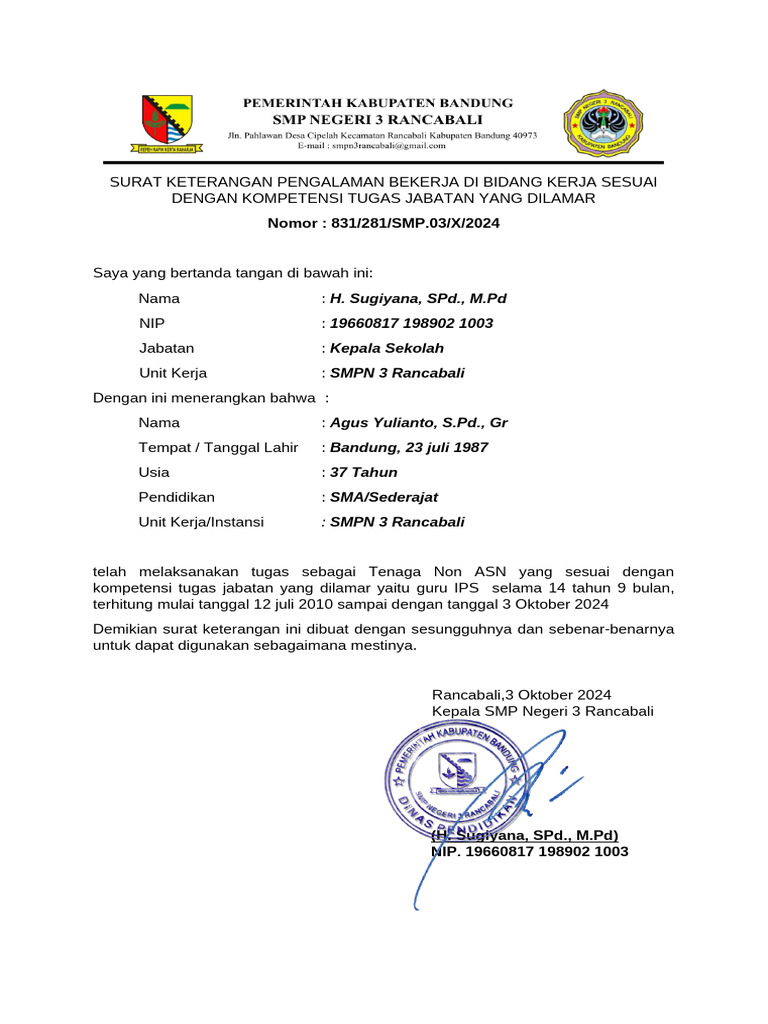 Surat Keterangan Pengalaman Bekerja Di Bidang Kerja Sesuai Dengan Kompetensi Tugas Jabatan Yang ...