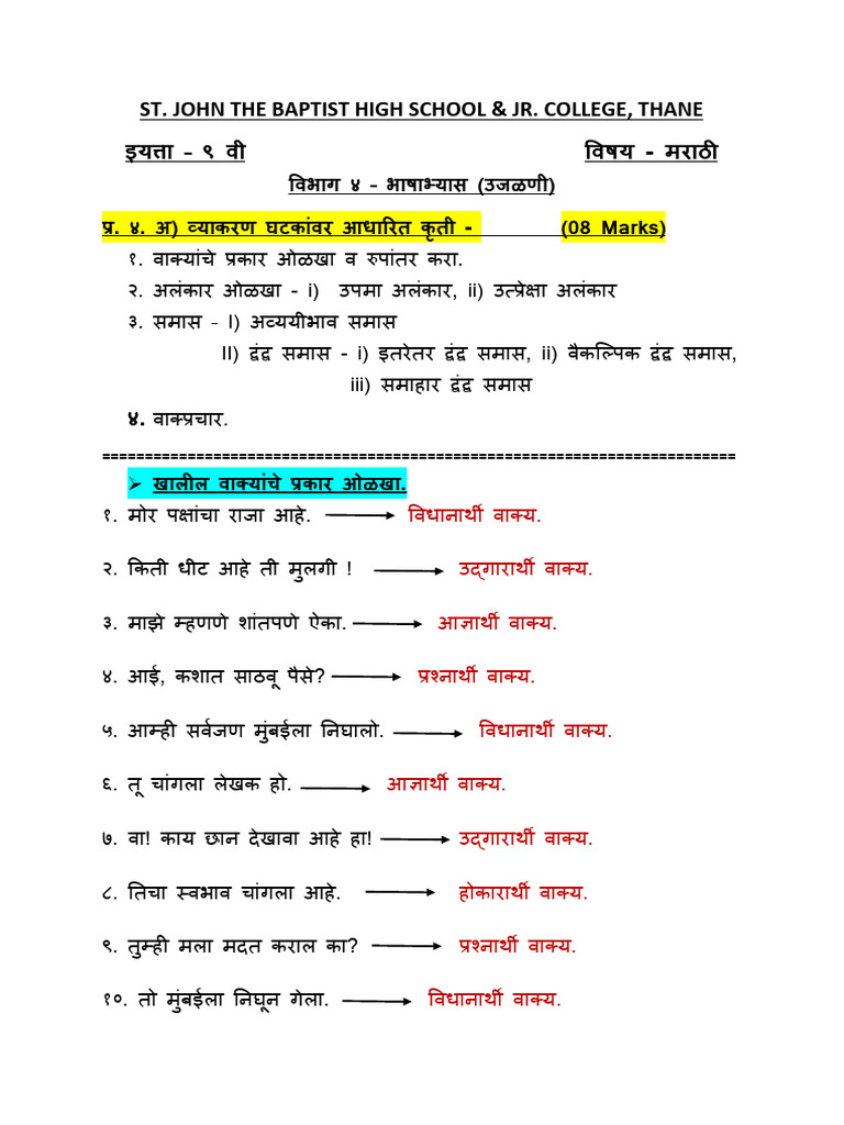 Std. 9th Marathi Grammar Revision No. 4 | PDF