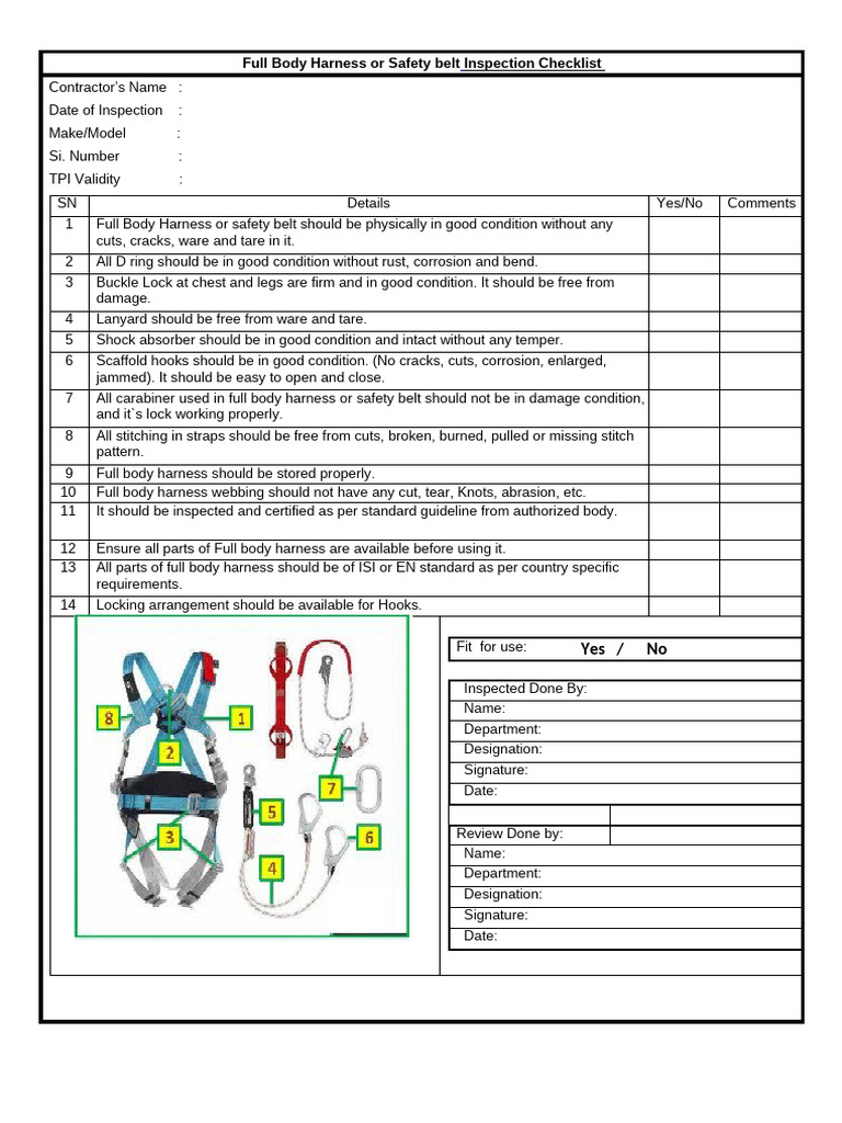 Full Body Harness Safety Inspection Checklist Global EHS CHK 044 | PDF