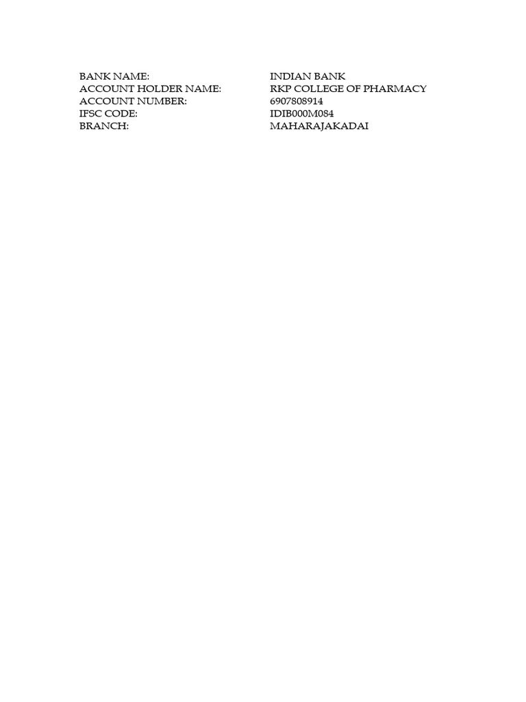 Indian Bank Account Details for RKP College | PDF